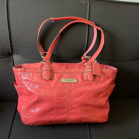 Coach | Bags | Coach Pink Rose Signature Embossed Patent Leather Tote ...